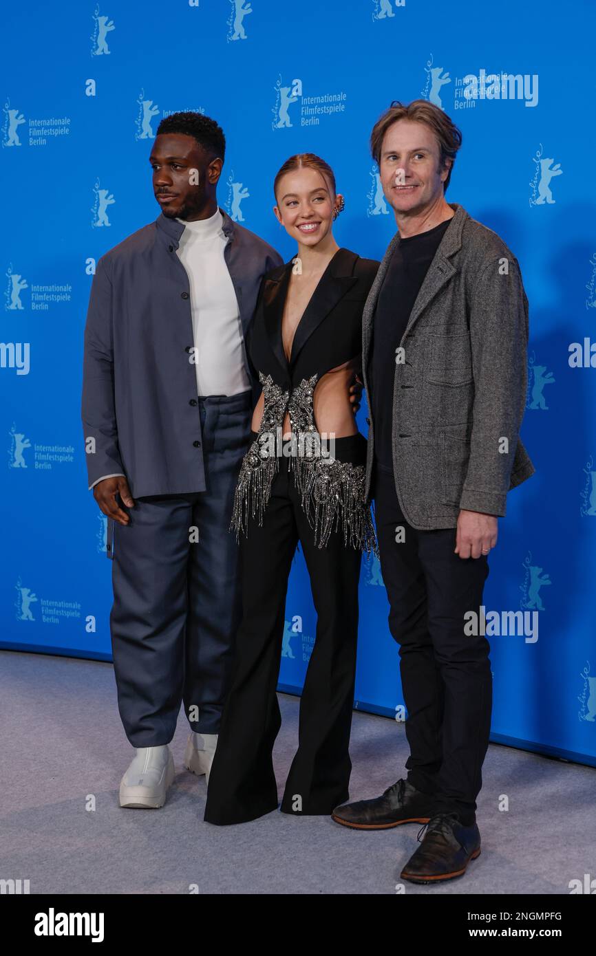 Marchant Davis, from left, Sydney Sweeney and Josh Hamilton poses for ...