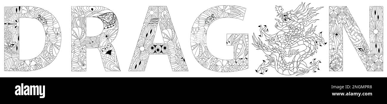 Hand-painted art design. Hand drawn illustration word DRAGON for t ...