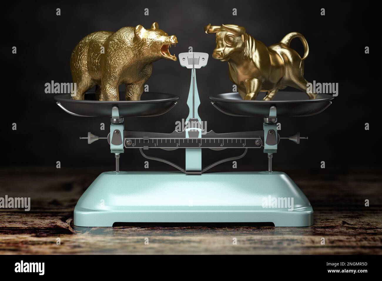 Bull and bear on a balance scales. Bearish or bullish market trends on stock exchange. 3d ...