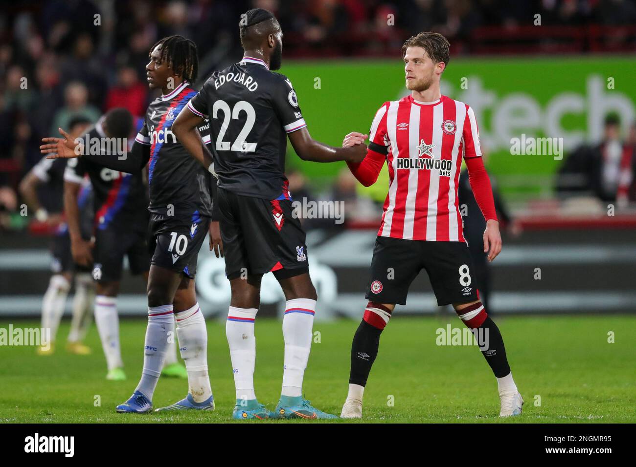 Crystal Palace's Odsonne Edouard with Brentford's Mathias Jensen (right) after the Premier ...