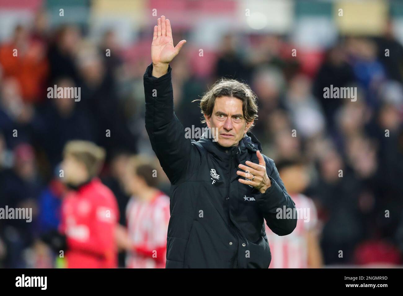 Brentford manager Thomas Frank applauds the fans after the Premier ...
