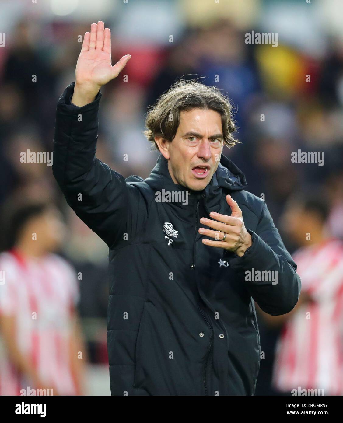 Brentford manager Thomas Frank applauds the fans after the Premier ...