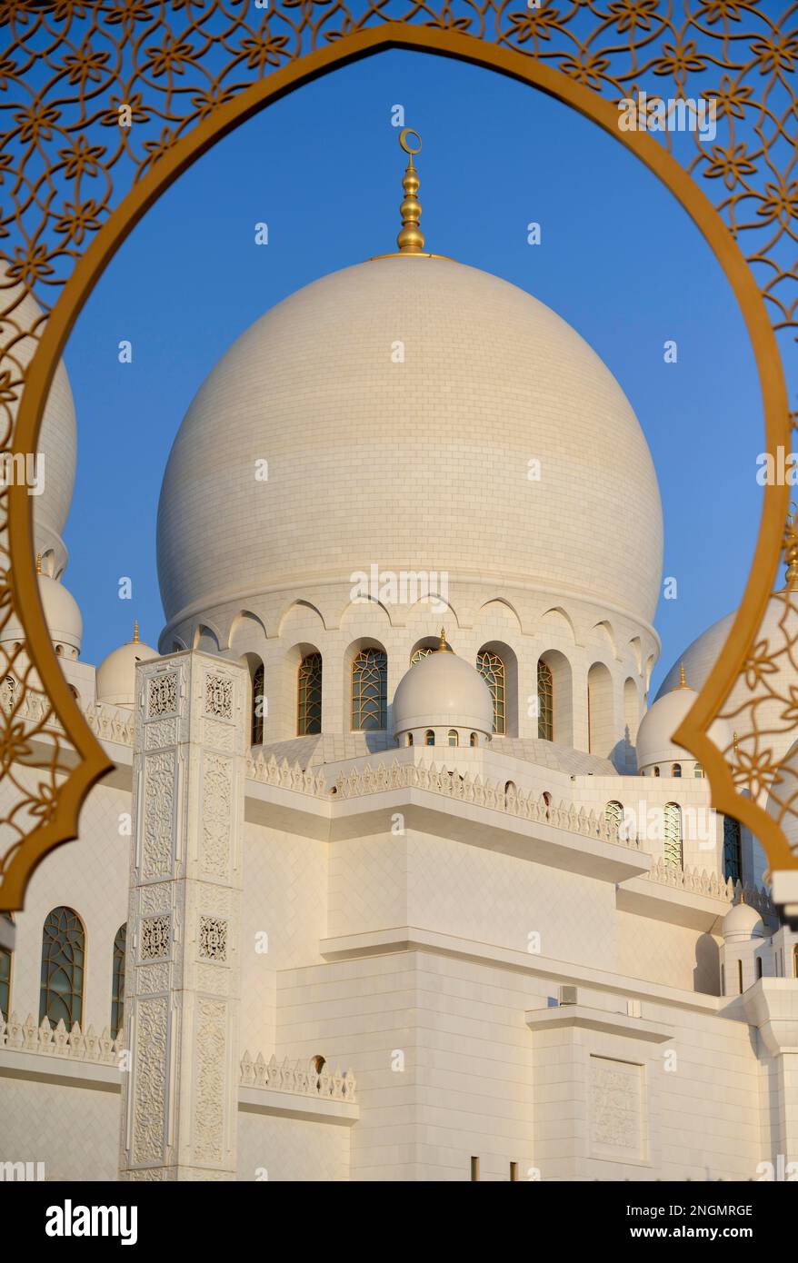 View through a window onto a dome of the Sheikh Zayed Mosque, Abu Dhabi ...
