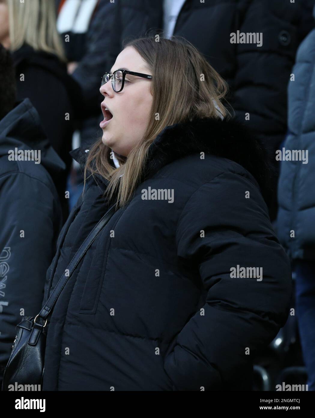 A female Derby County fan singing in the stands during the Sky Bet ...