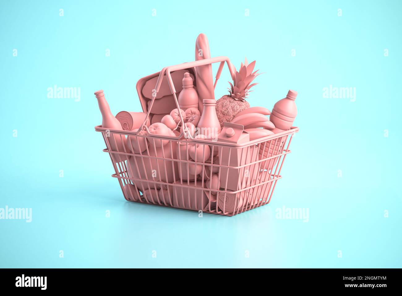 Pink shopping basket with pink food on blue background. Food buyng ...