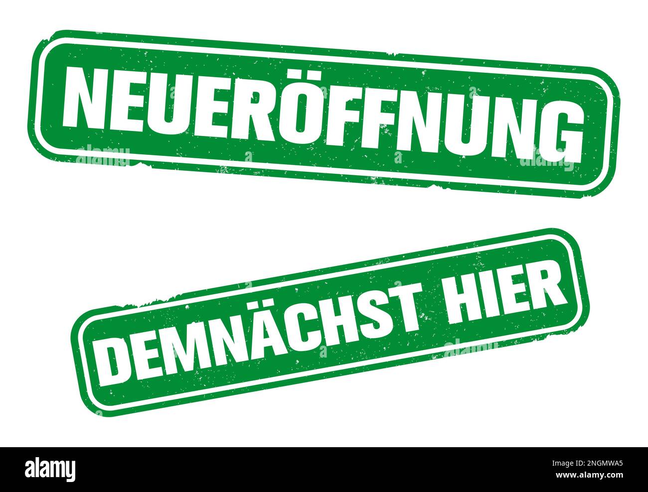 grungy rubber stamp with text NEUEROFFNUNG and DEMNACHST HIER, German ...