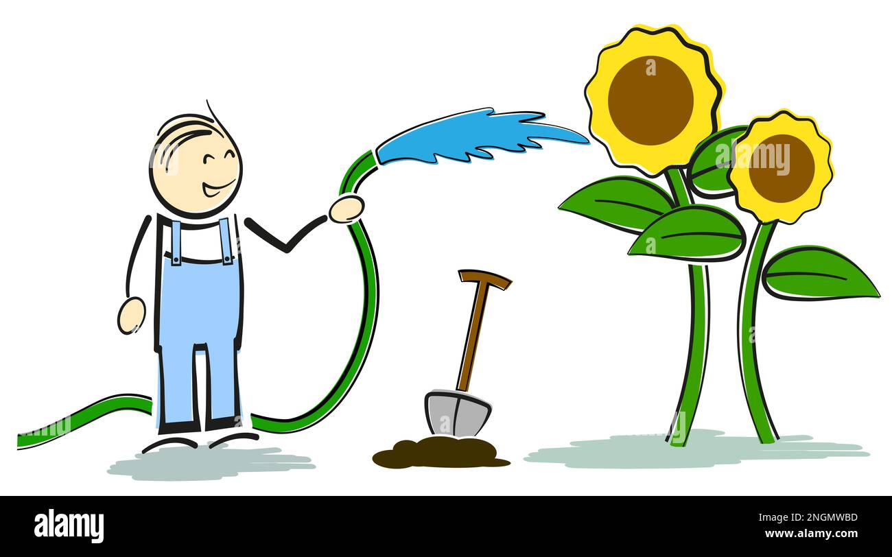 smiling amateur gardener stickman watering plants with garden hose ...