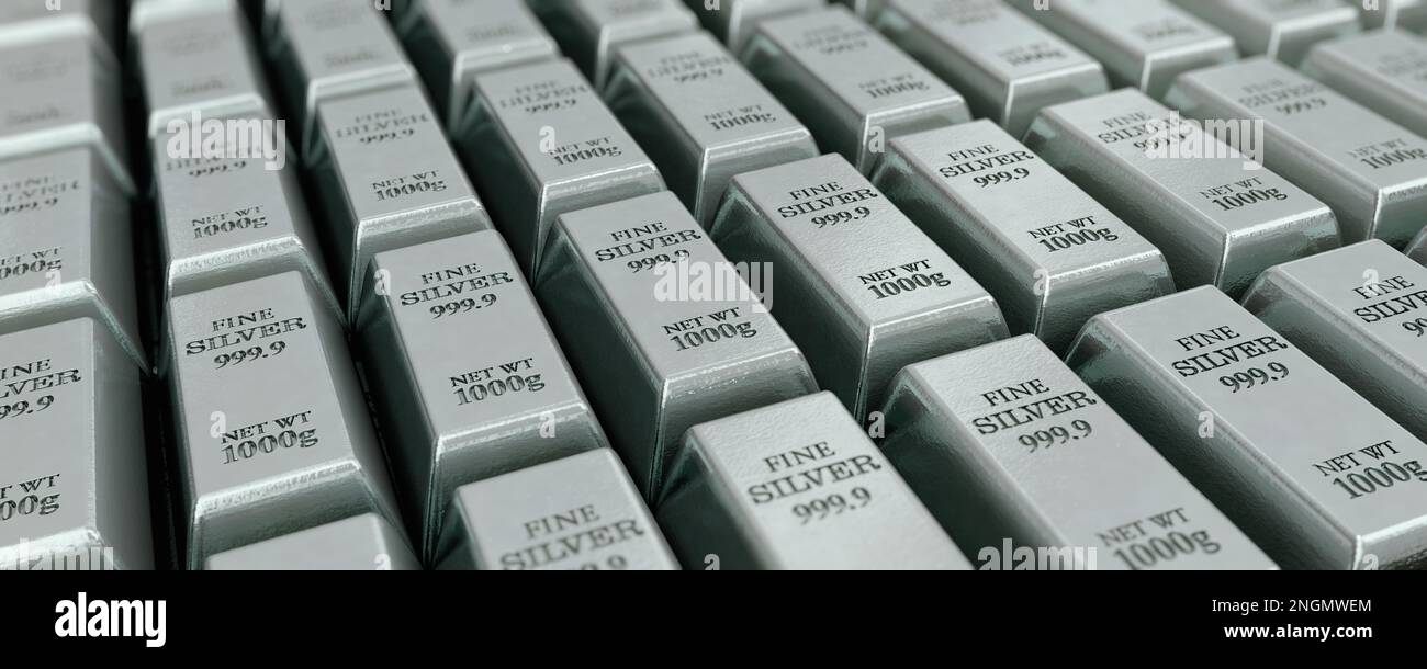 Lots of stacked silver bars Stock Photo - Alamy
