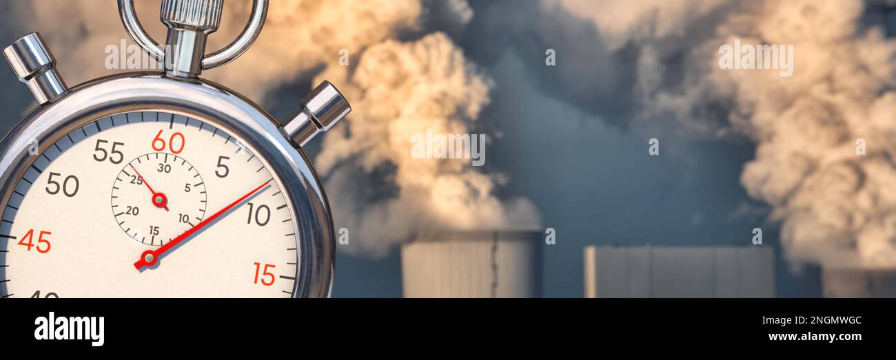Time is running out. A stop clock with emissions in background in ...