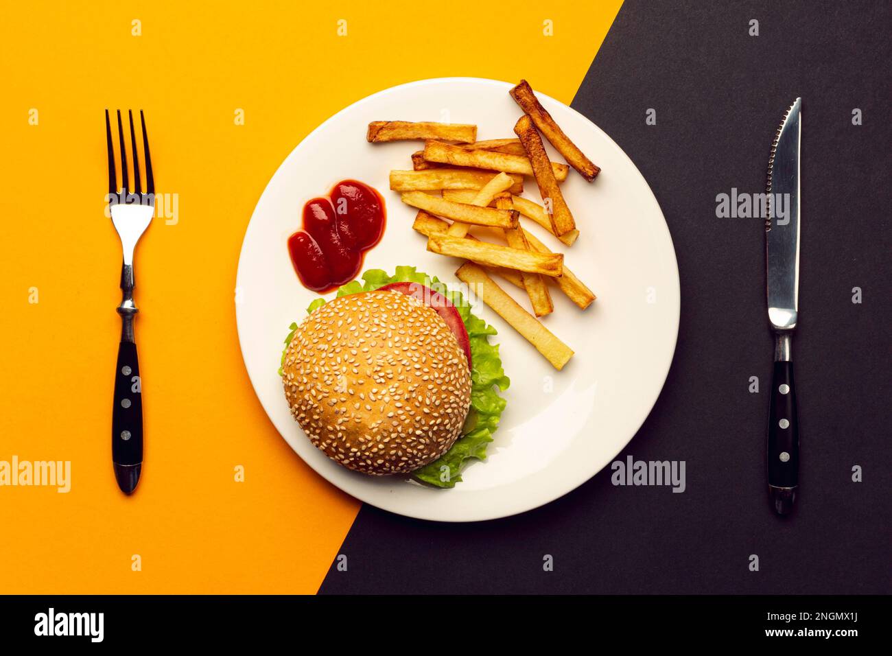top view burger with french fries plate Stock Photo - Alamy