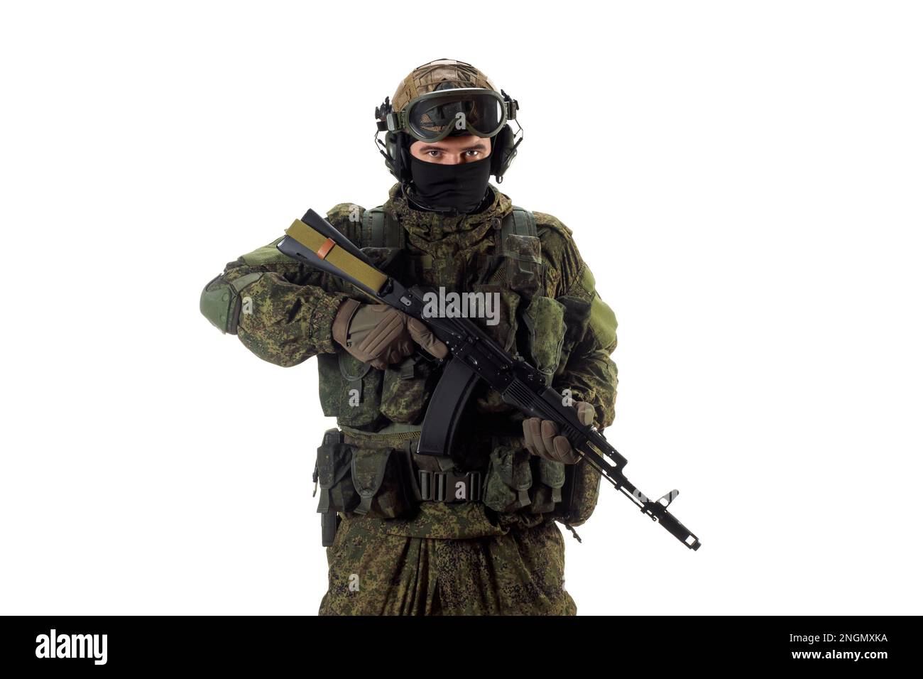 Cropped photo of a russian mercenary soldier with AK-74 in his hand and ...
