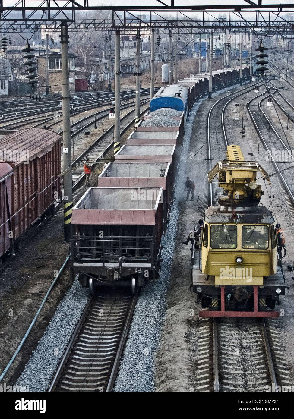 Kyiv, Ukraine. December 03. 2011. Railroad with freight wagons carrying ...