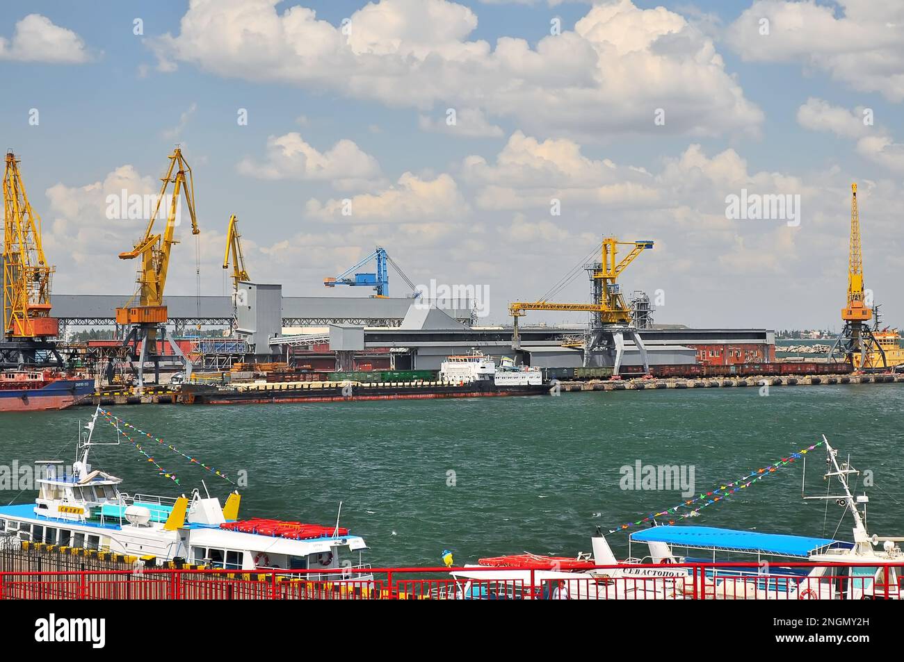 Odessa, Ukraine. July 22, 2021. Seaport with cranes and ships loading ...