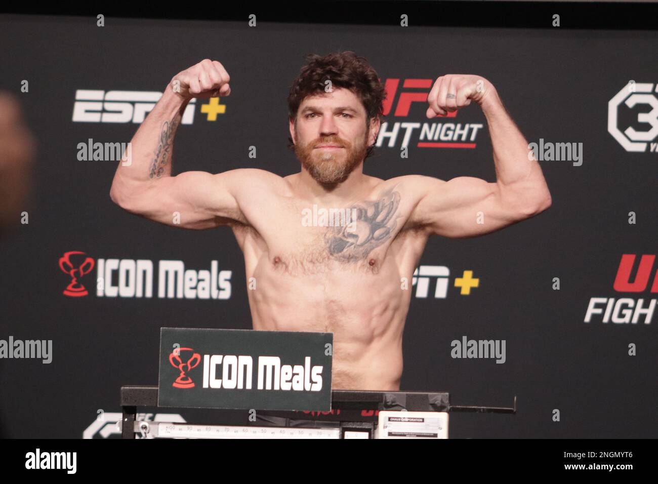 LAS VEGAS, NV - FEBRUARY 17: UFC fighter Jim Miller poses on the scale ...