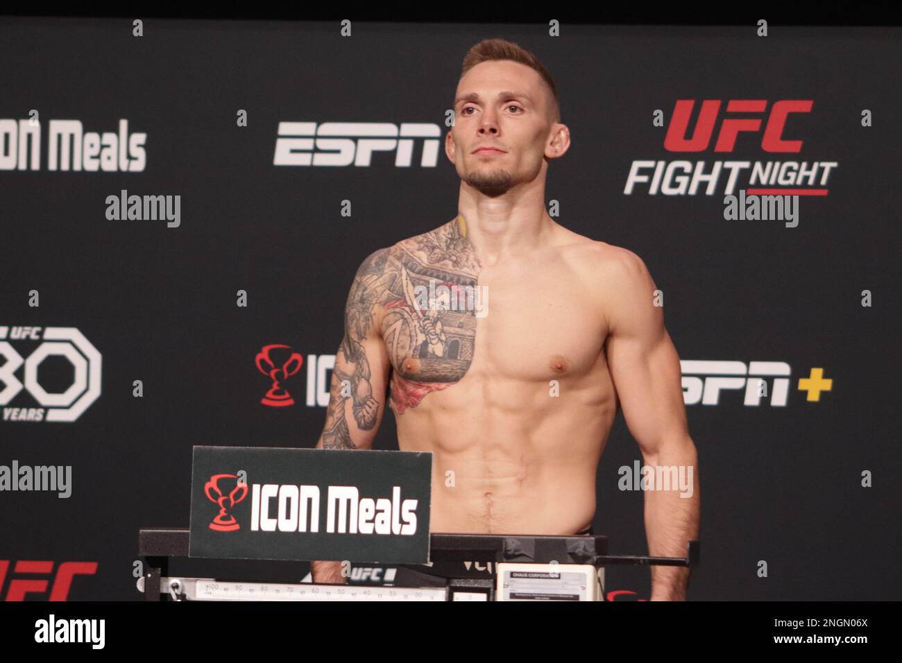 LAS VEGAS, NV - FEBRUARY 17: UFC fighter Evan Elder poses on the scale ...
