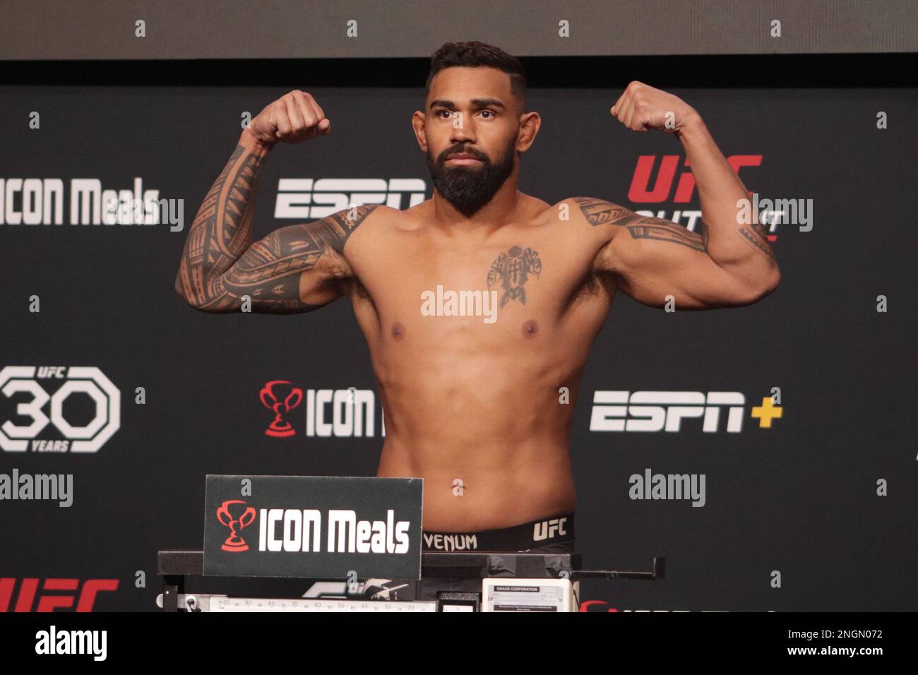 LAS VEGAS, NV - FEBRUARY 17: UFC fighter Zac Pauga poses on the scale ...