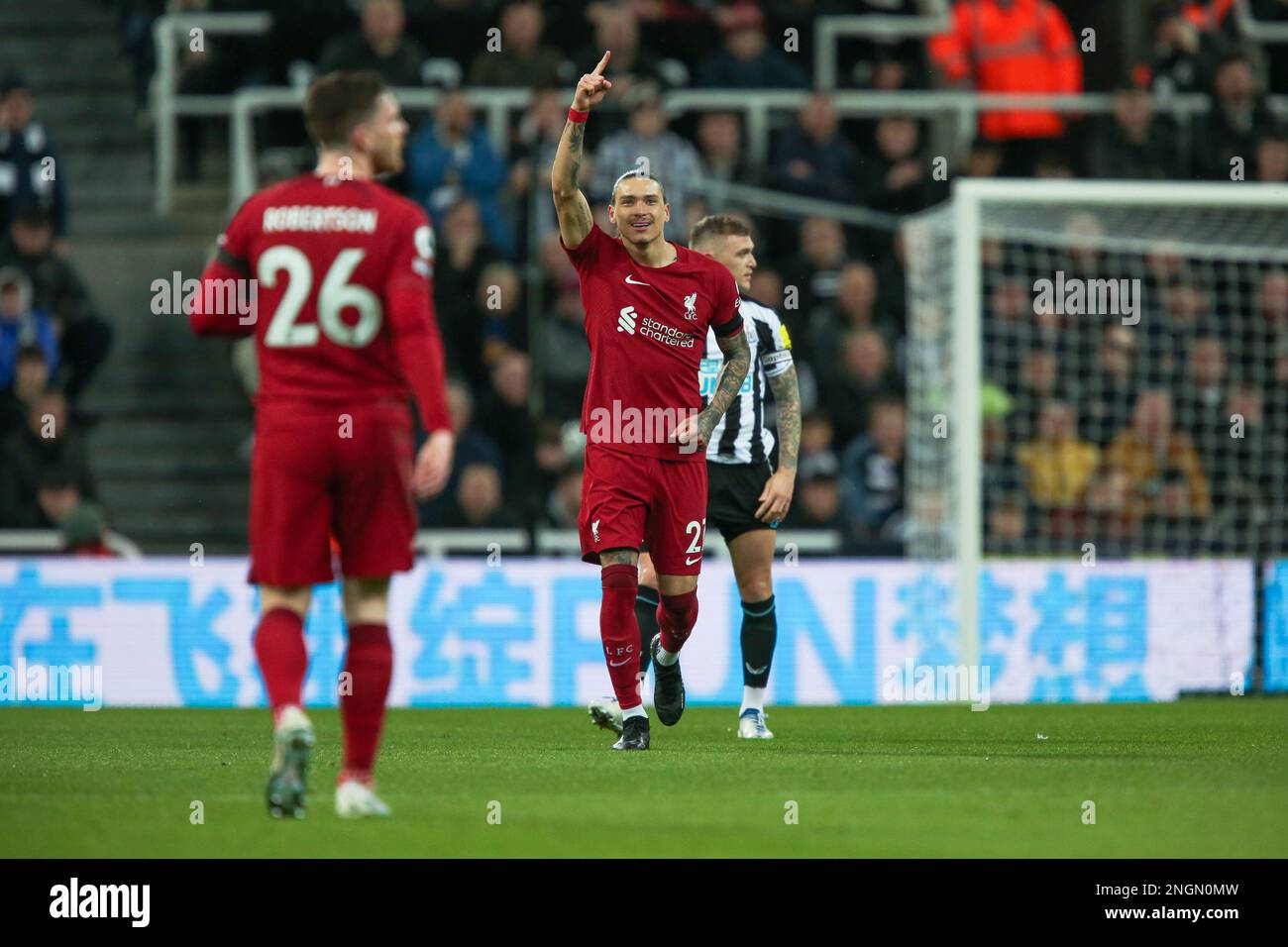 Darwin Núñez #27 of Liverpool celebrate putting Liverpool 1-0 during ...