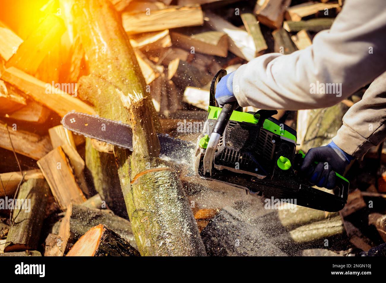 Gasoline Chainsaw. Close-up of woodcutter sawing chain saw in motion ...