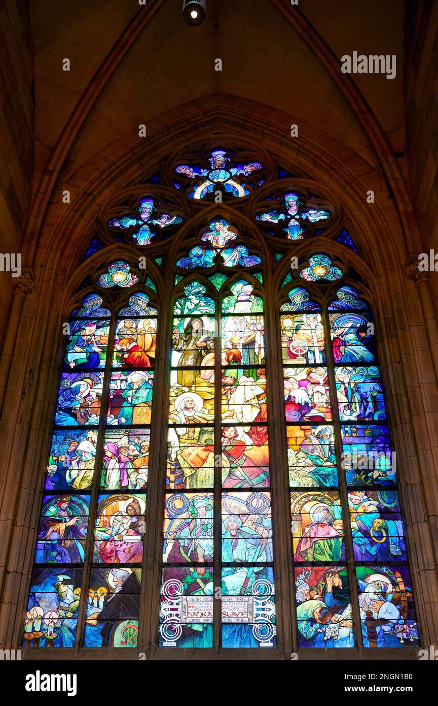 Prague Czech Republic. Stained Glass in St. Vitus Cathedral inside ...