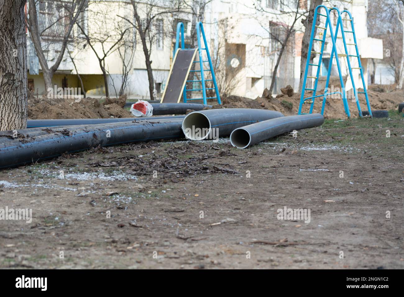 Sanitary piping. Plastic stacked PVC plastic industrial pipes on ...