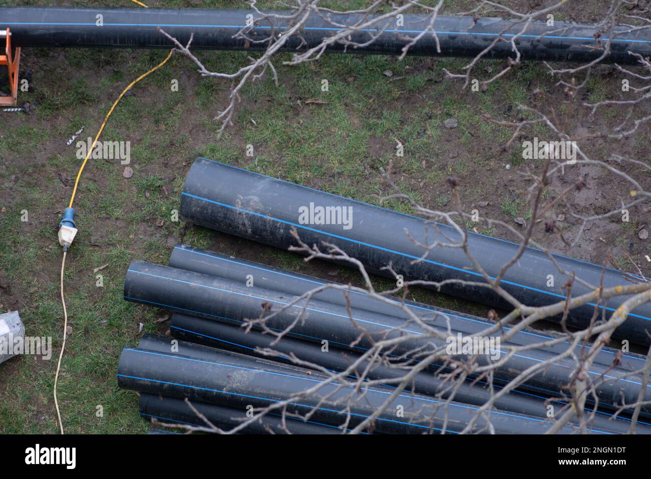 Sanitary piping. Plastic stacked PVC plastic industrial pipes. Plastic ...