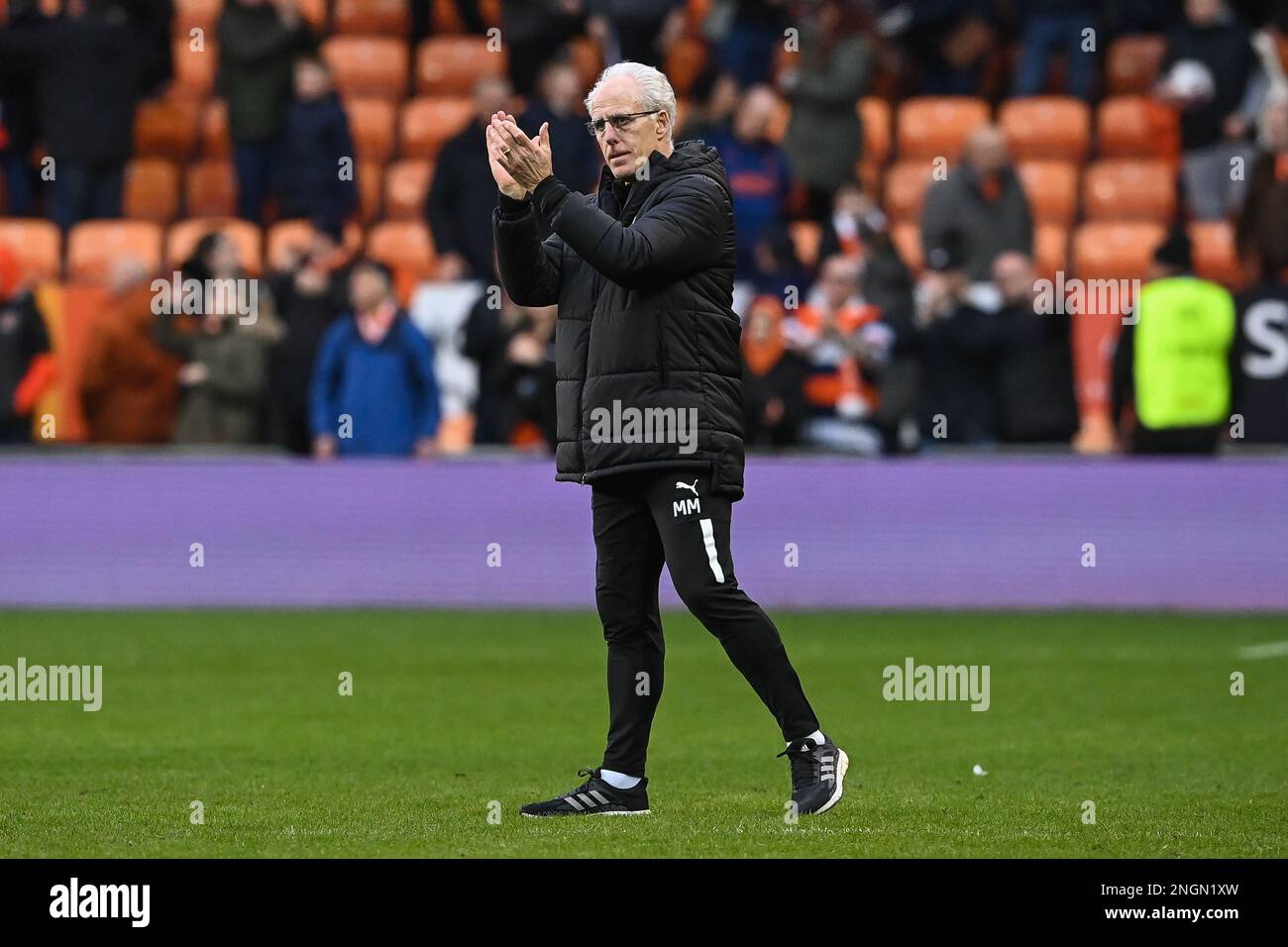 Mick McCarthy Manager of Blackpool celebrates his sides win at the end ...