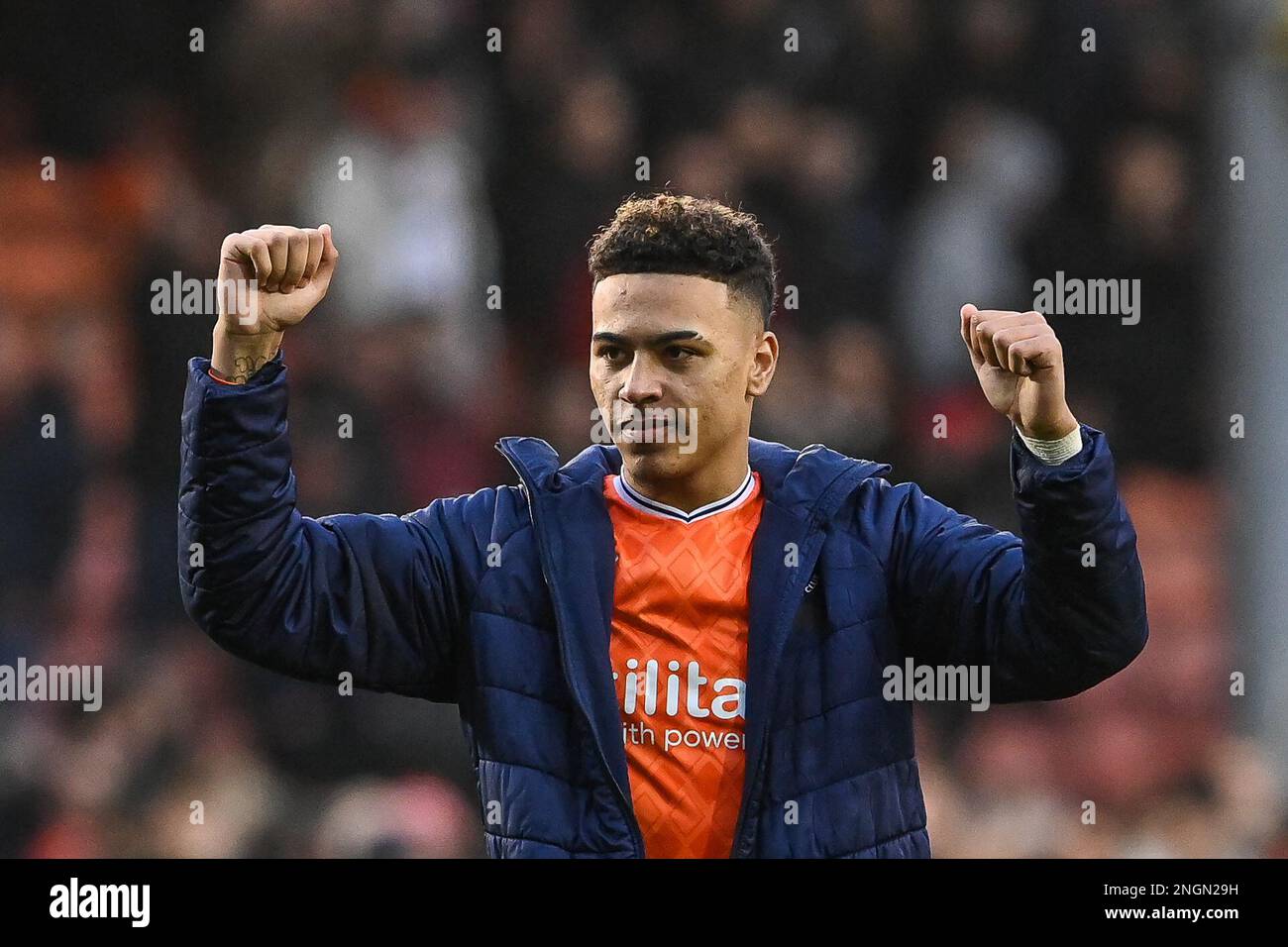 Morgan Rogers #25 of Blackpool celebrates with the fans at the end of ...