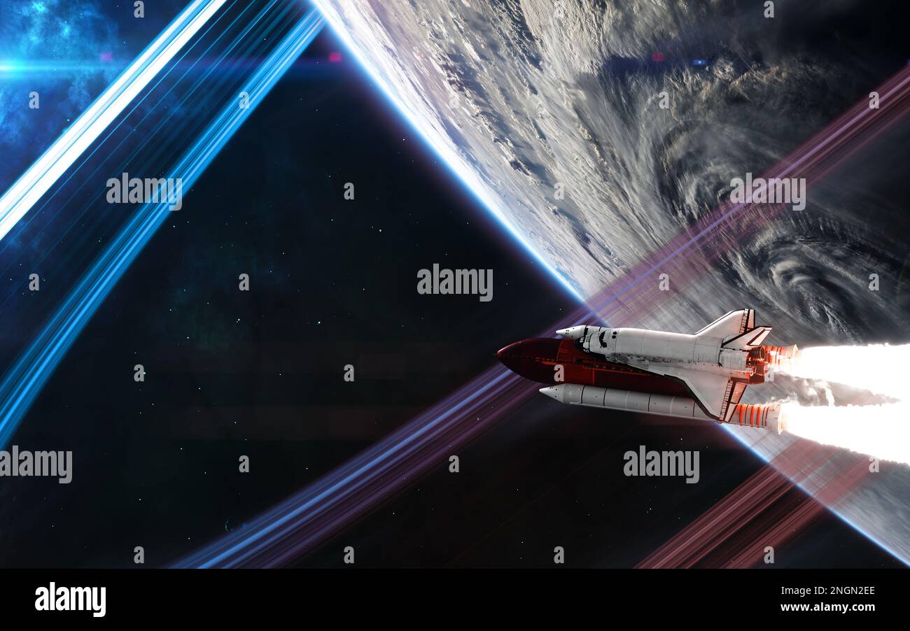 Space shuttle on background of deep space planet Stock Photo - Alamy