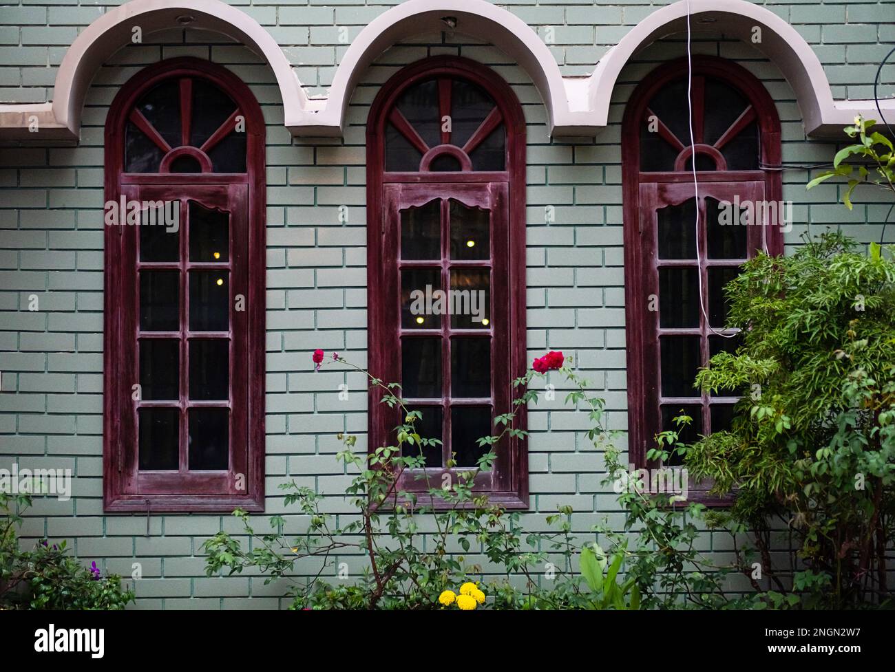 Vintage wooden window. Antique residental exterior with flowers Stock ...
