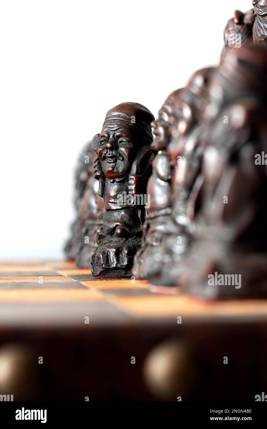 Chinese oriental chess pieces, with a row of figures representing pawns ...