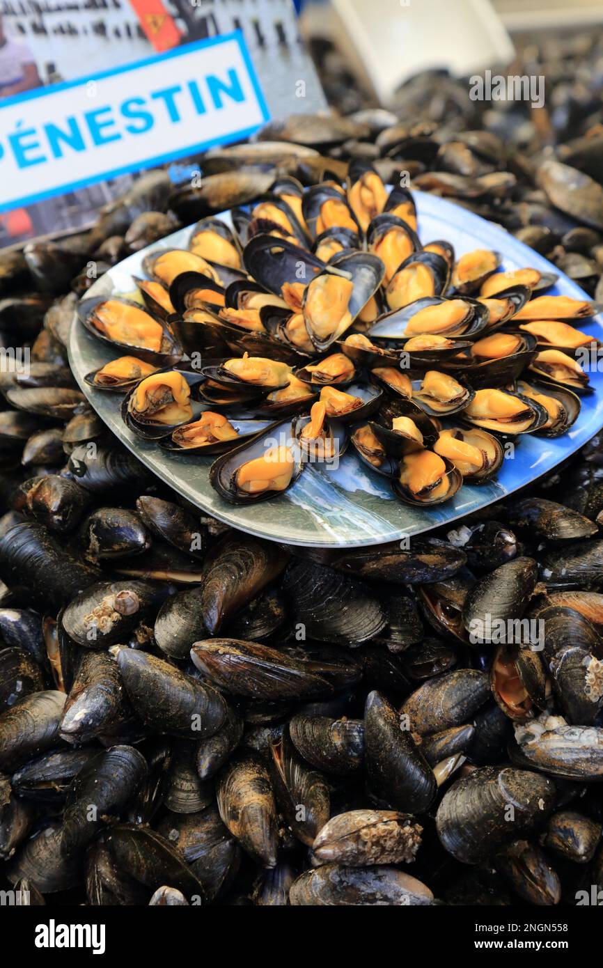Display of mussels in the fish market at Halle Aux Poissons, Place de ...