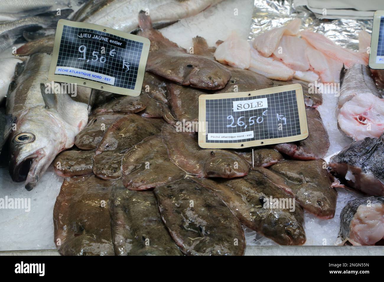 Fish display of Sole and pollack in the fish market at Halle Aux ...