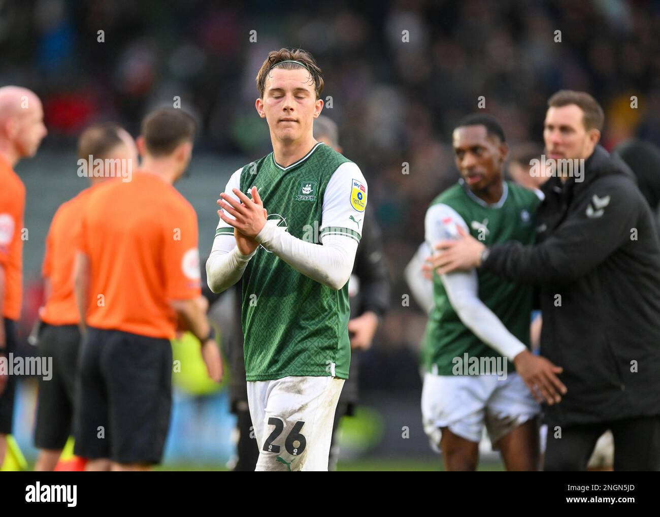 Plymouth Argyle midfielder Callum Wright (26) applauds the fans at full ...
