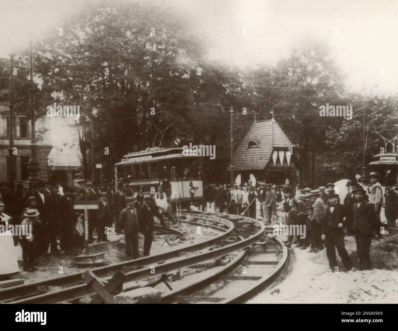 Bielefeld, Germany 1902 track work on the Jahnplatz. The cable-car goes ...