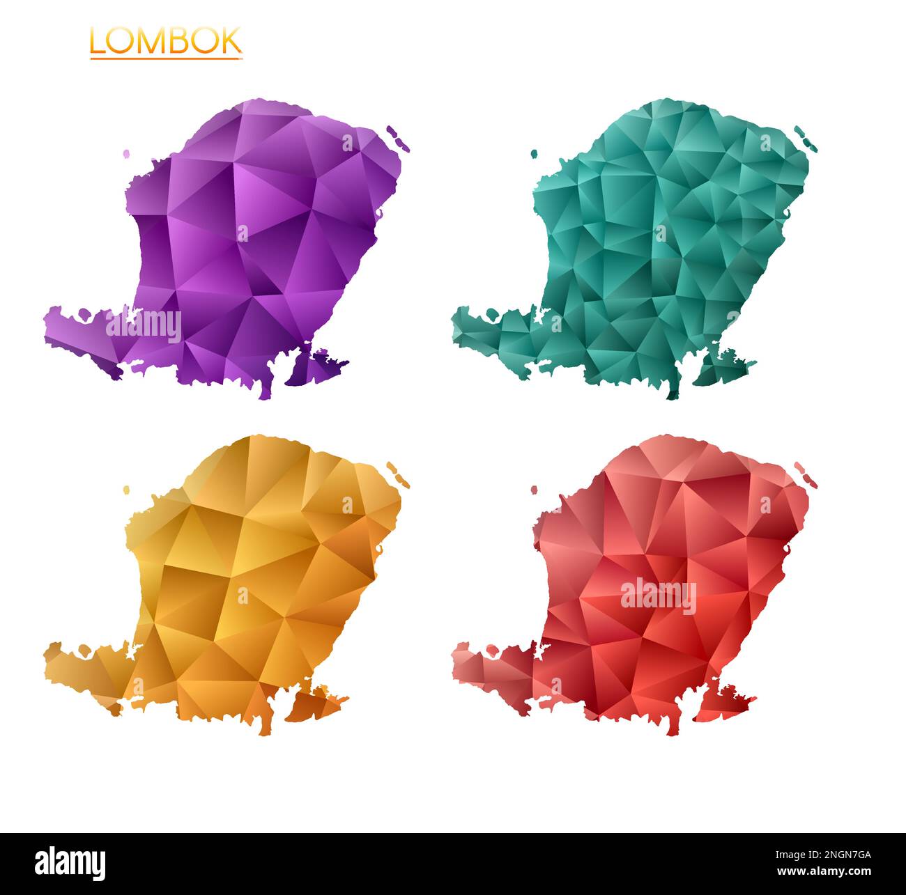 Set of vector polygonal maps of Lombok. Bright gradient map of island ...