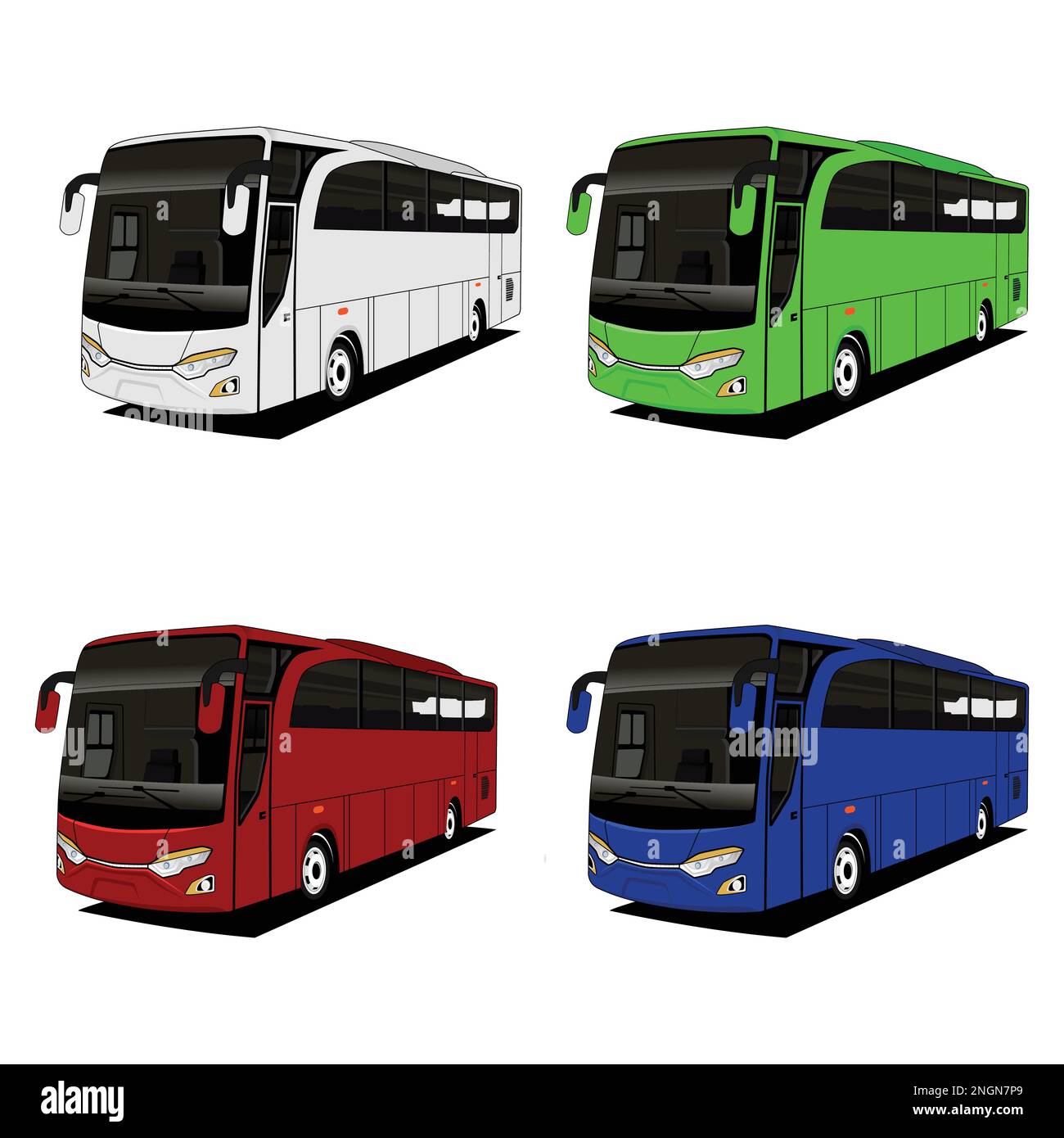 Realistic buses set with different color. Vector illustration on white ...