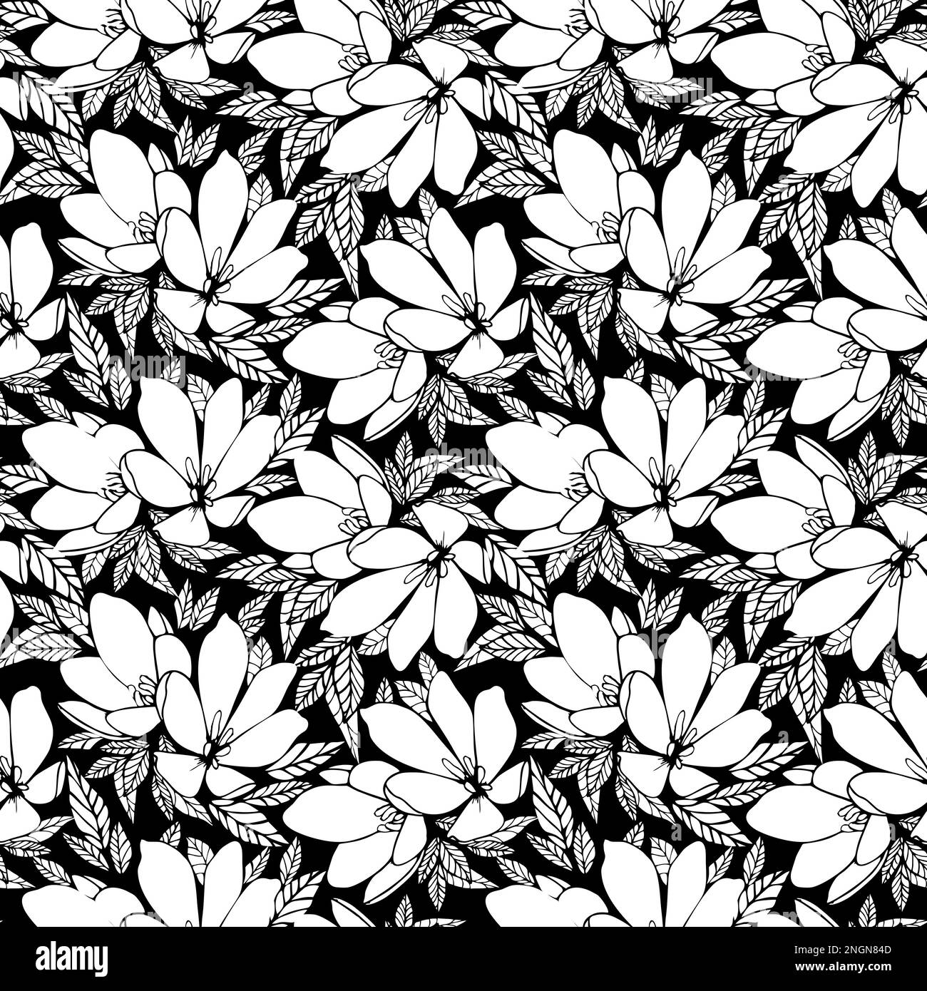 asymmetrical seamless floral white outline pattern on black background ...
