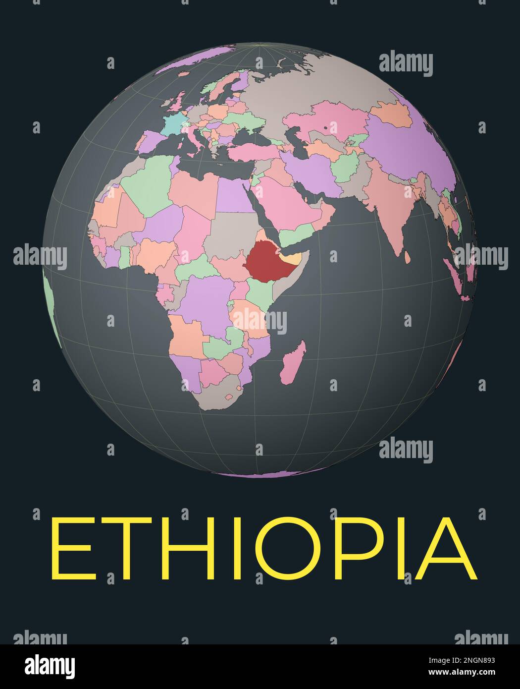 World map centered on Ethiopia. Red country highlighted. Satellite ...