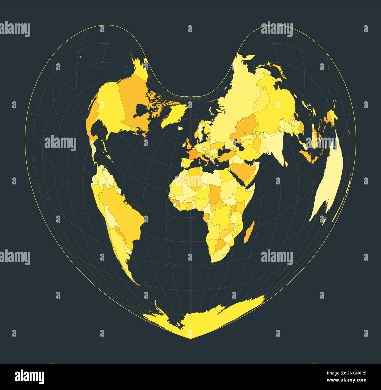World Map. Bonne pseudoconical equal-area projection. Futuristic world ...