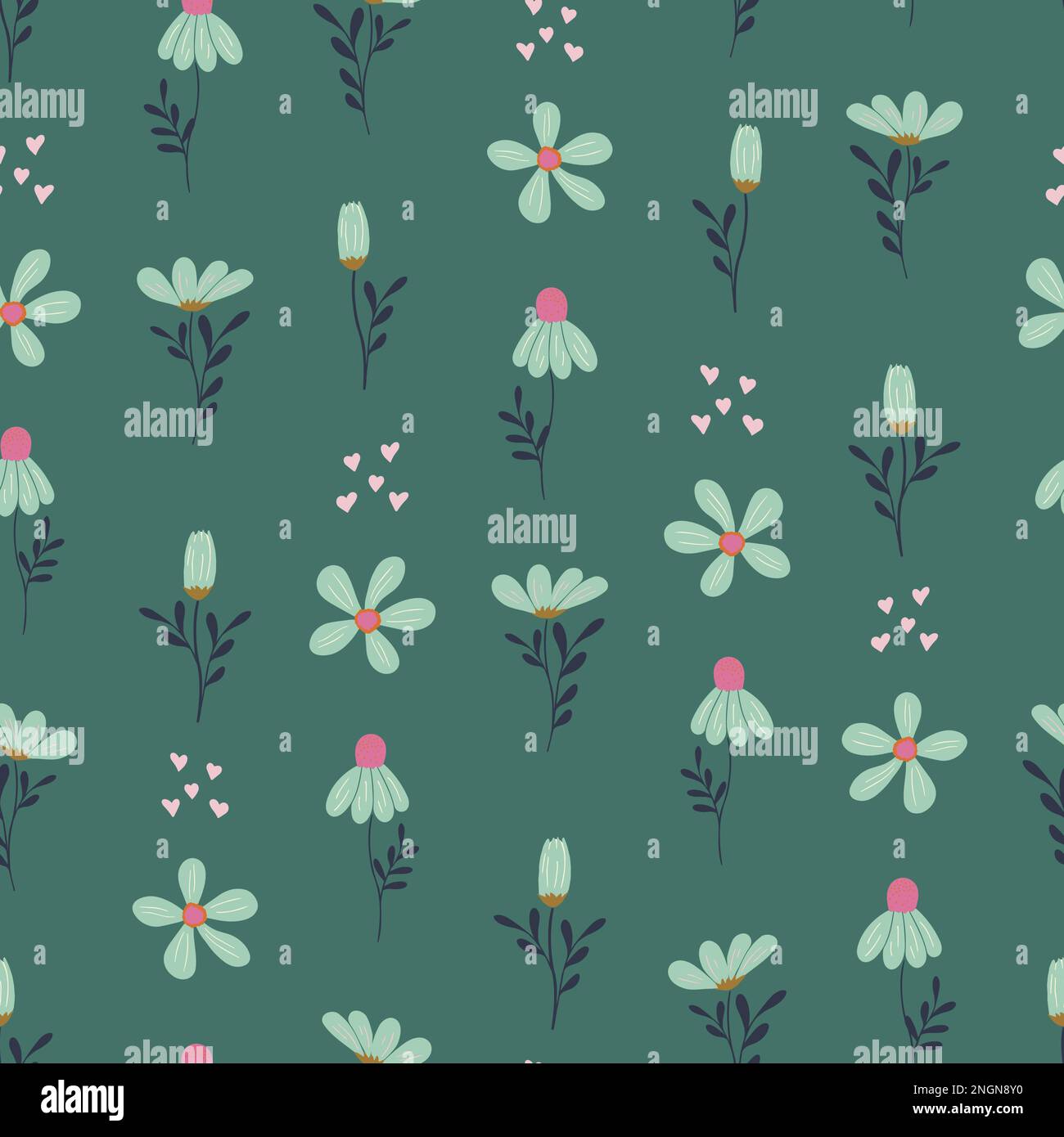 Seamless vector repeat pattern, cute cartoon flowers, on calm green ...