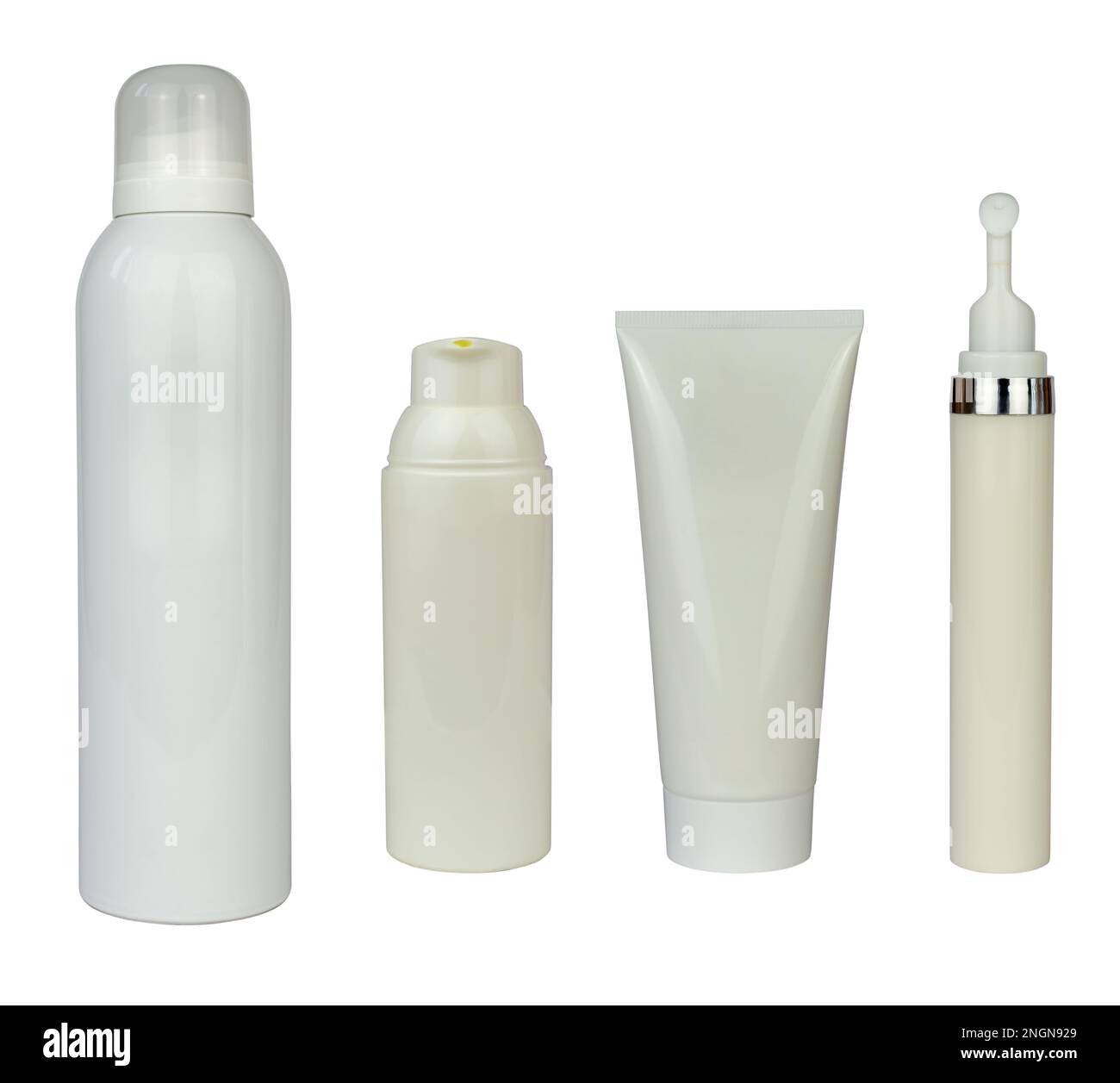 Different white cosmetic containers - of bath foam, hand cream and face ...