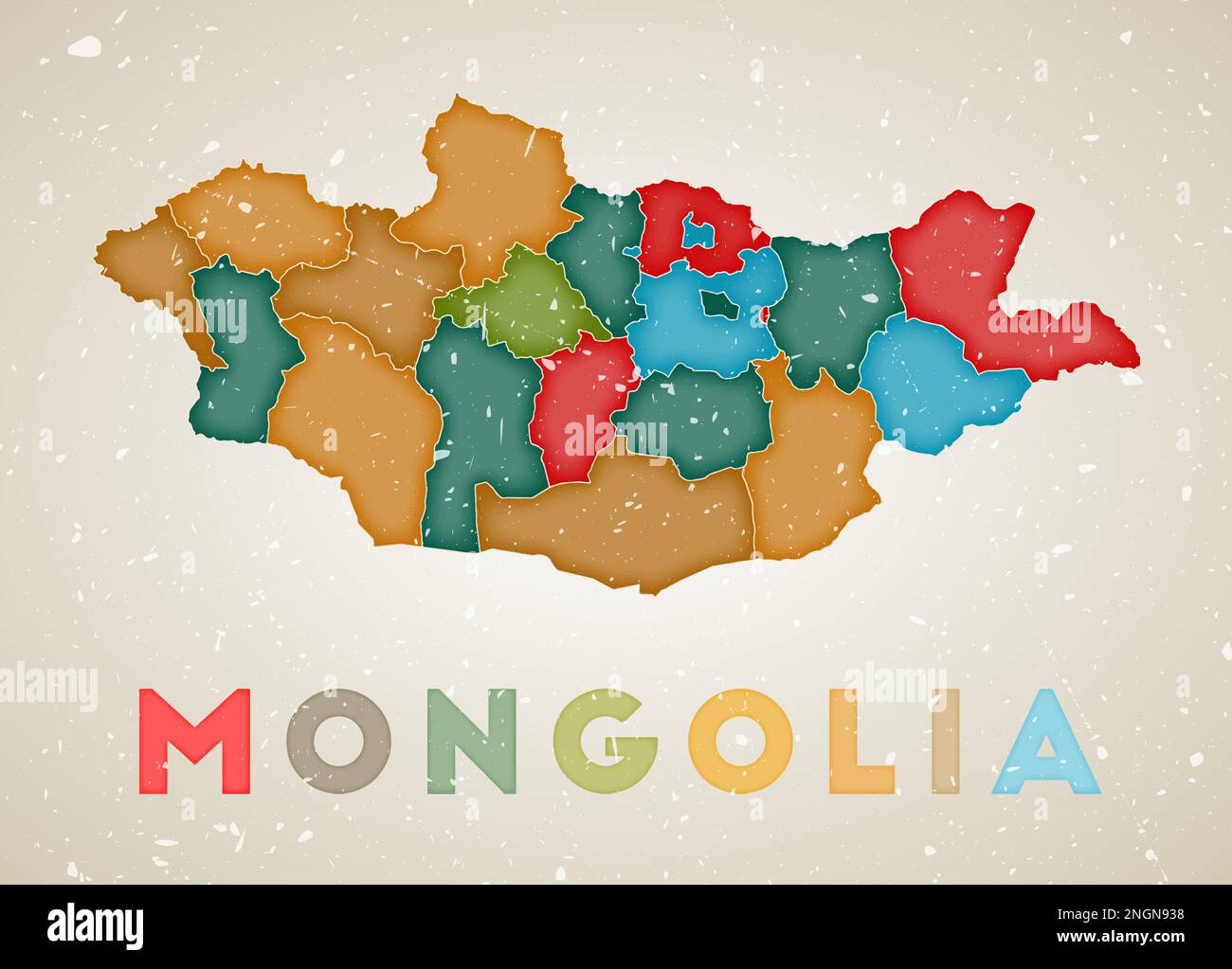Mongolia map. Country poster with colored regions. Old grunge texture. Vector illustration of ...