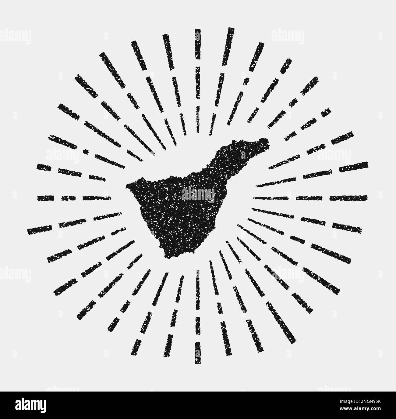Vintage map of Tenerife. Grunge sunburst around the island. Black ...