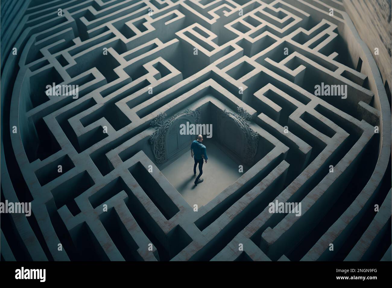 Man lost in maze top view created with generative AI technology. High ...