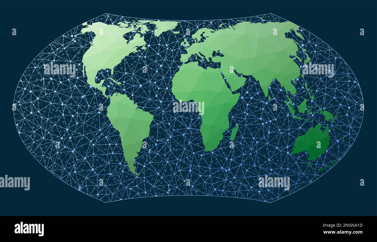Global network concept. Wagner 7 projection. Green low poly world map ...