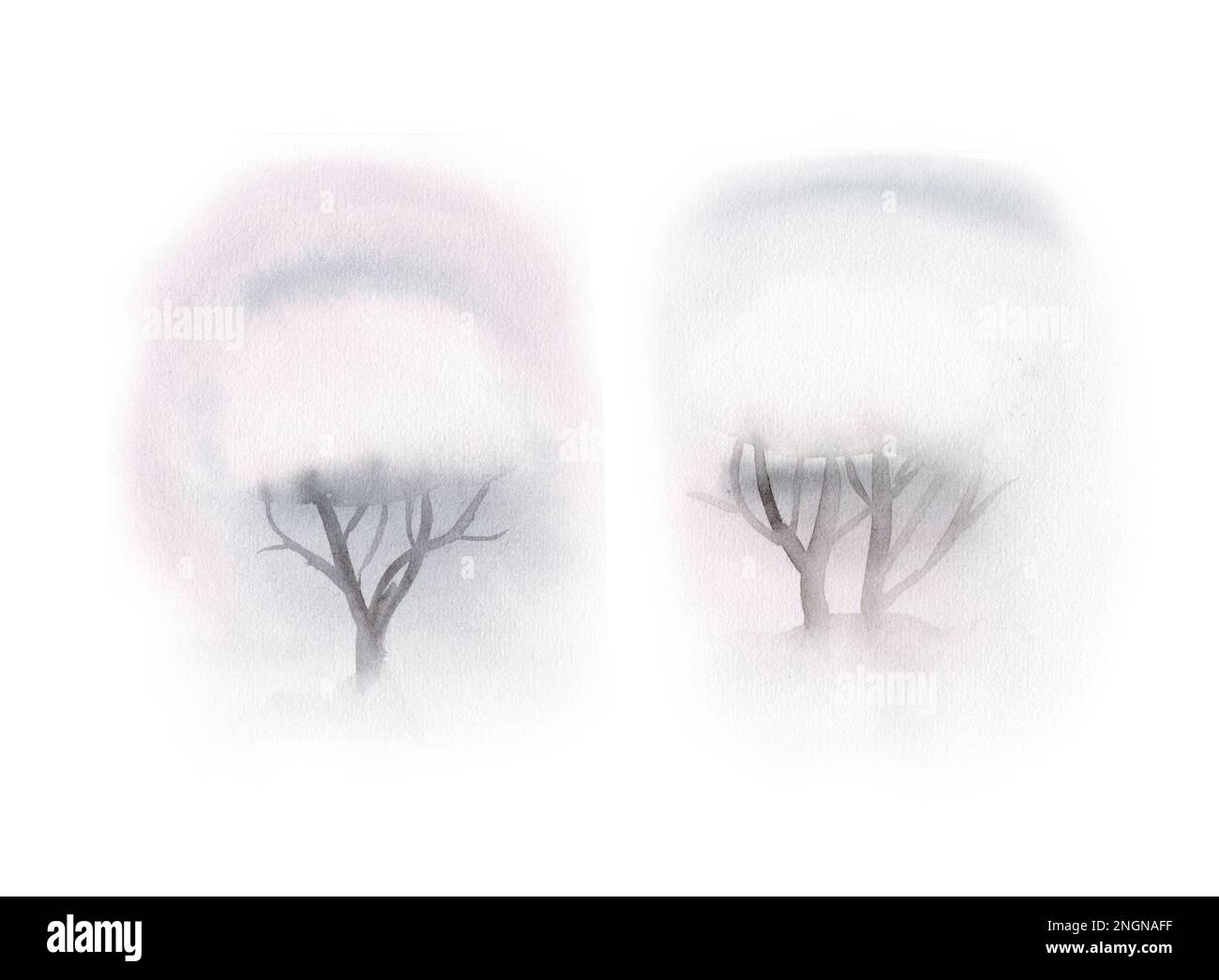 Winter wonderland landscape painted by watercolor. Set tree. Cute ...