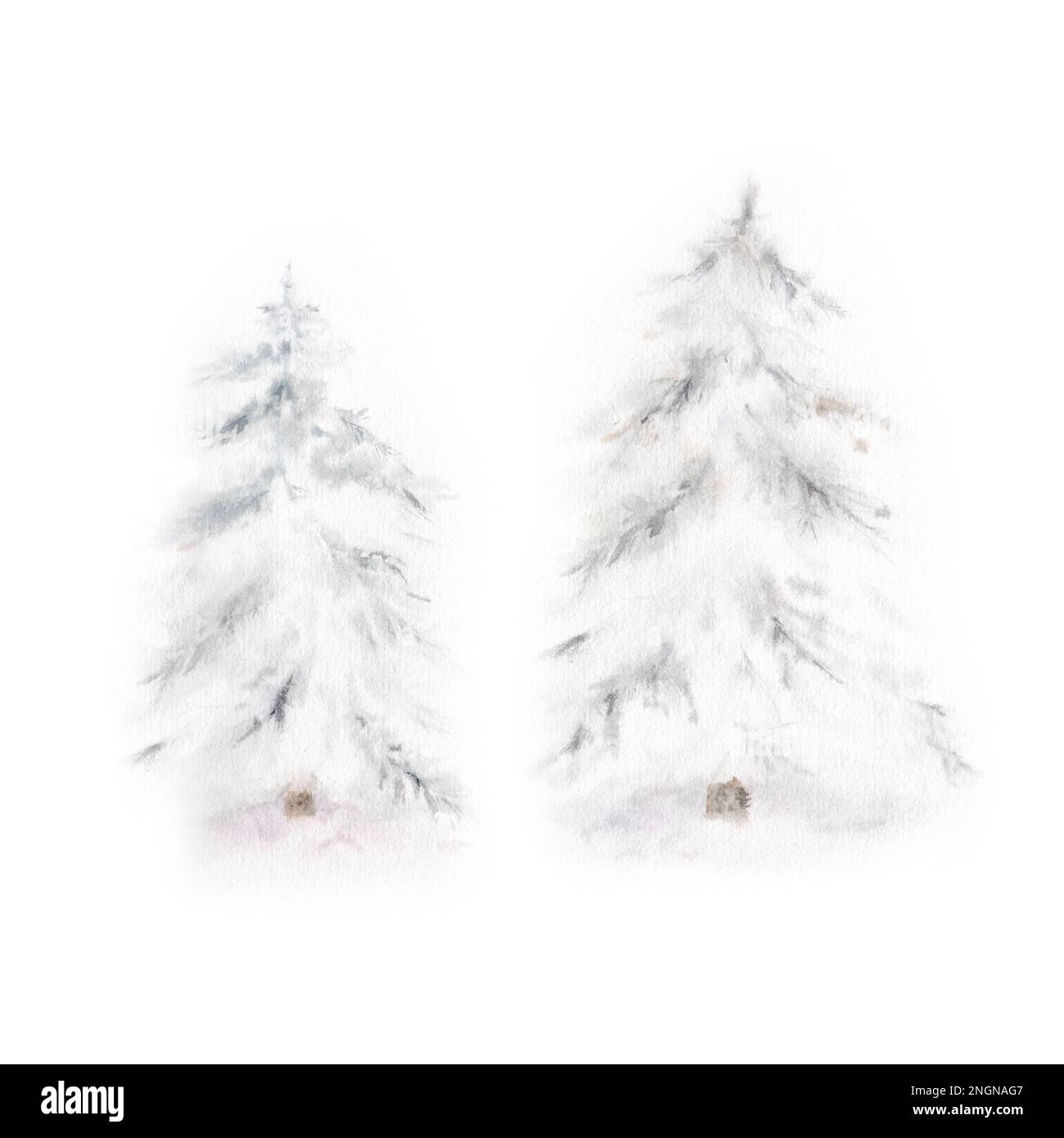 Winter wonderland landscape painted by watercolor. Set tree. Cute ...