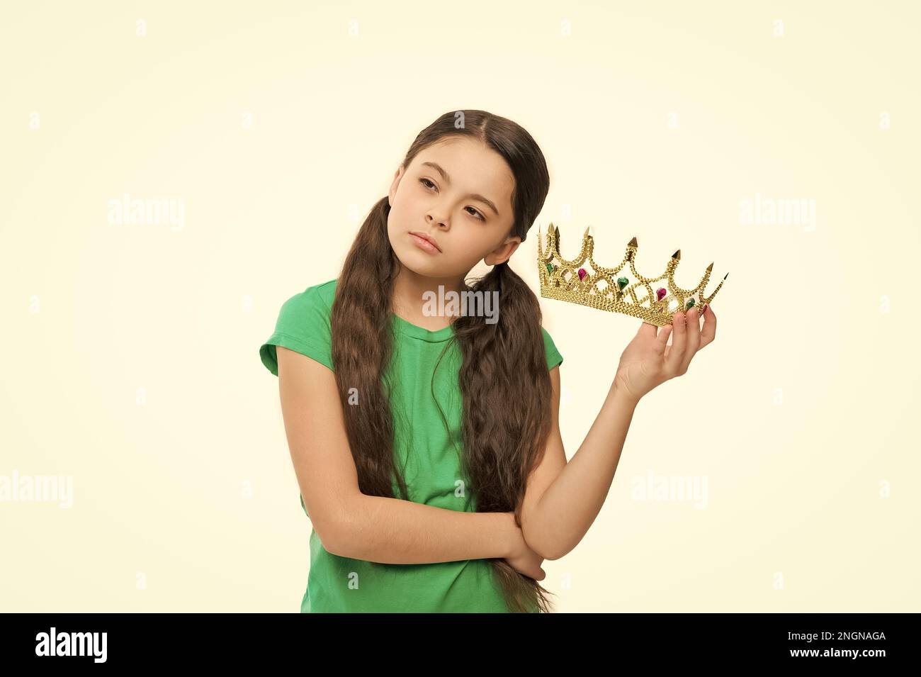 Kid wear golden crown symbol of princess. Girl dreaming become princess ...