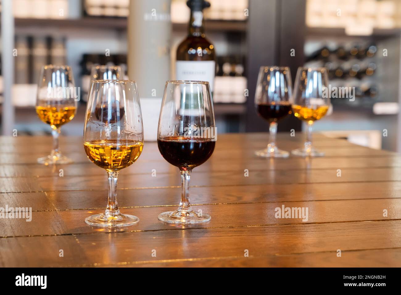 port wine testing, glasses with drink samples in bar Stock Photo - Alamy