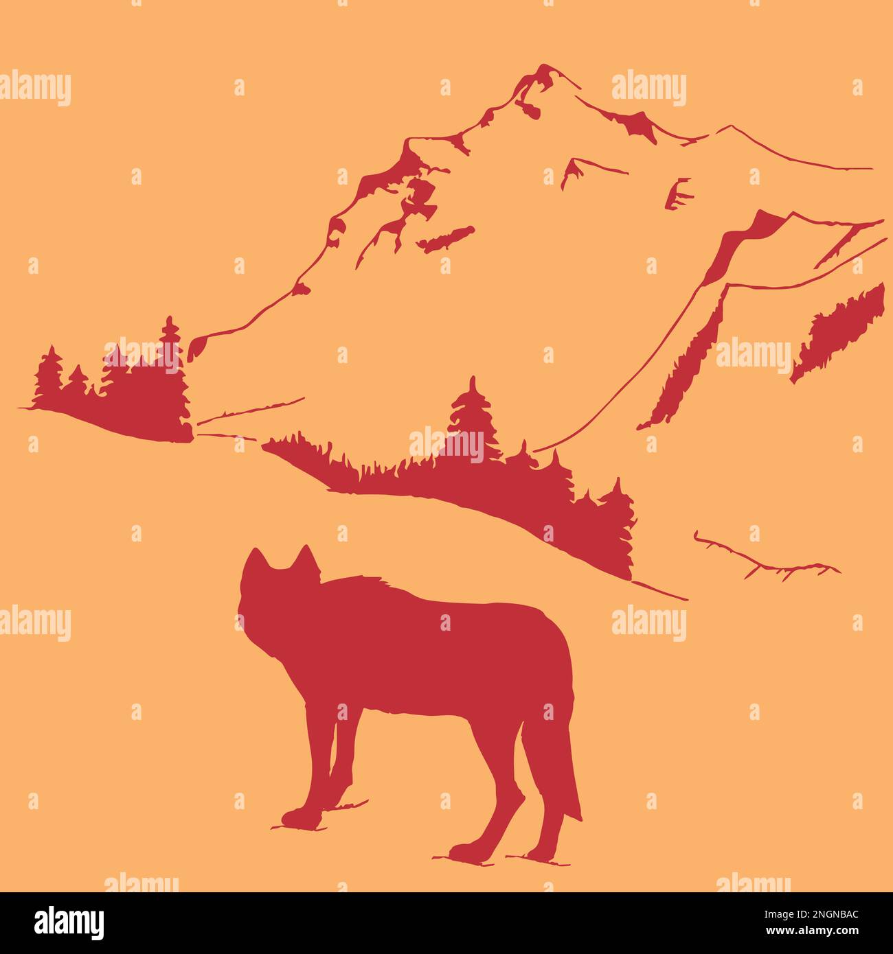 Wolf looking at mountains and forest. Hand drawn art in graphic style ...